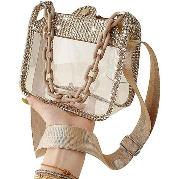 Bags | Stadium Approved Clear Bags Gold Crystal Rhinestone Bling ...